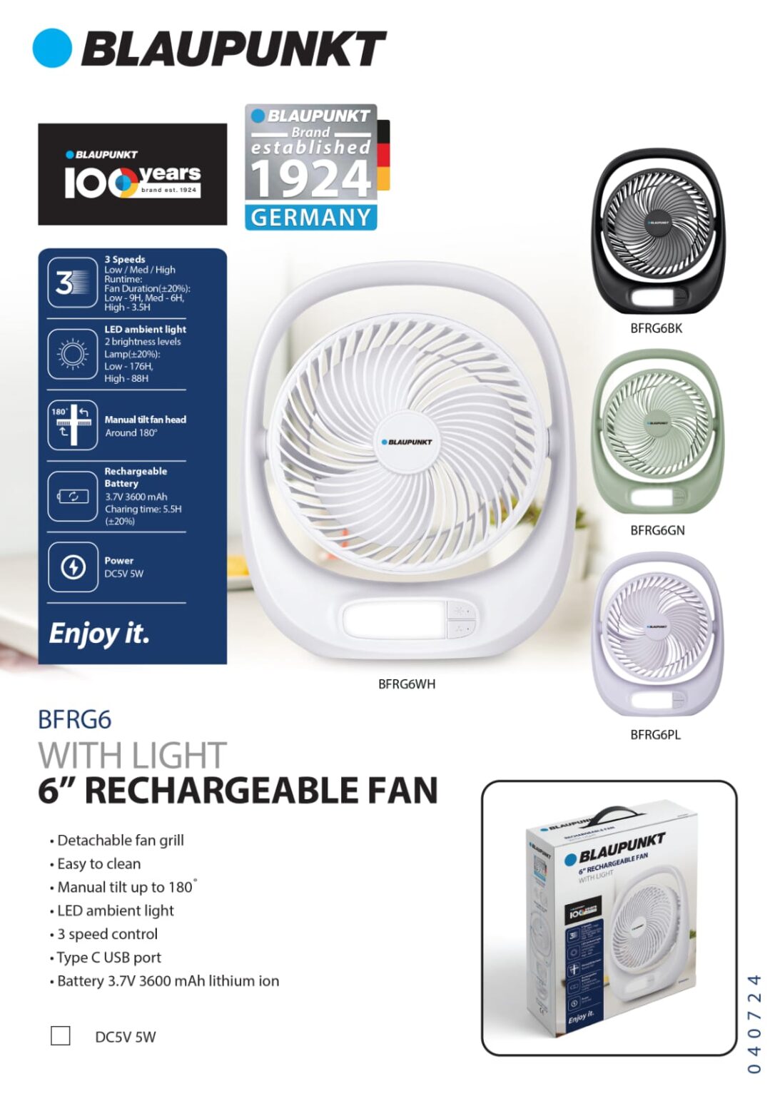 Blaupunkt 6″ Rechargeable Fan with Light (BFRG6WH) – Shivam's Premium ...